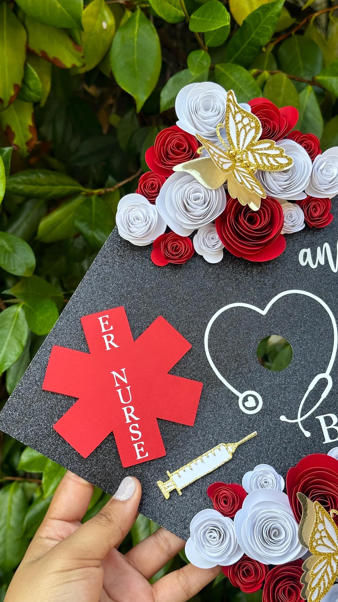 Graduation Cap, Red Flower Grad Cap, Graduation Pink Cap, Red and White ...