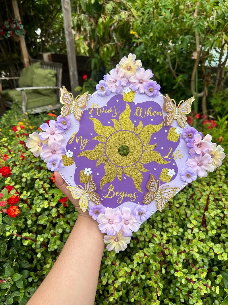 On to My New Dream Grad Cap Topper, Floral Rapunzel Grad Topper, Paper ...