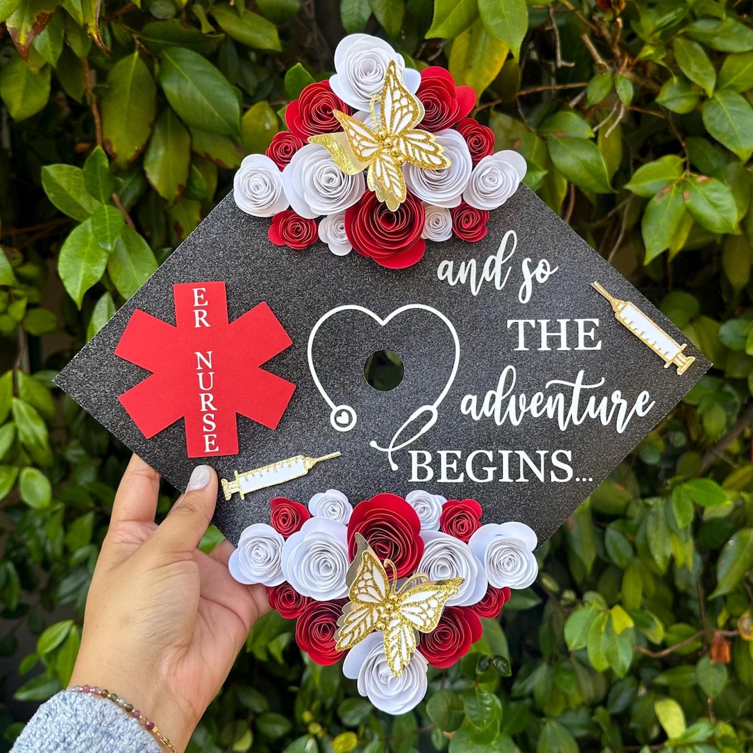 Graduation Cap, Red Flower Grad Cap, Graduation Pink Cap, Red and White ...