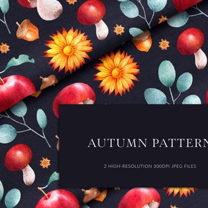 Autumn Digital Paper. Watercolor Apples Mushrooms and Flowers - Etsy