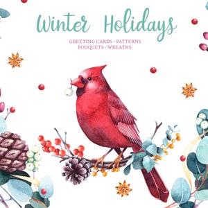 Watercolor Christmas Clip Art. Red Cardinal Bird PNG. Wreaths, Patterns ...
