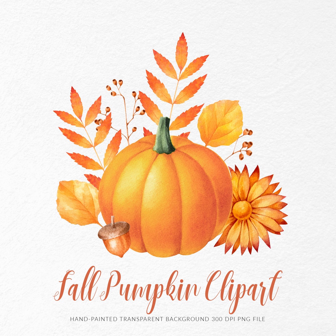 Pumpkin and Fall Leaves Clipart. Autumn Arrangement Png. Watercolor ...