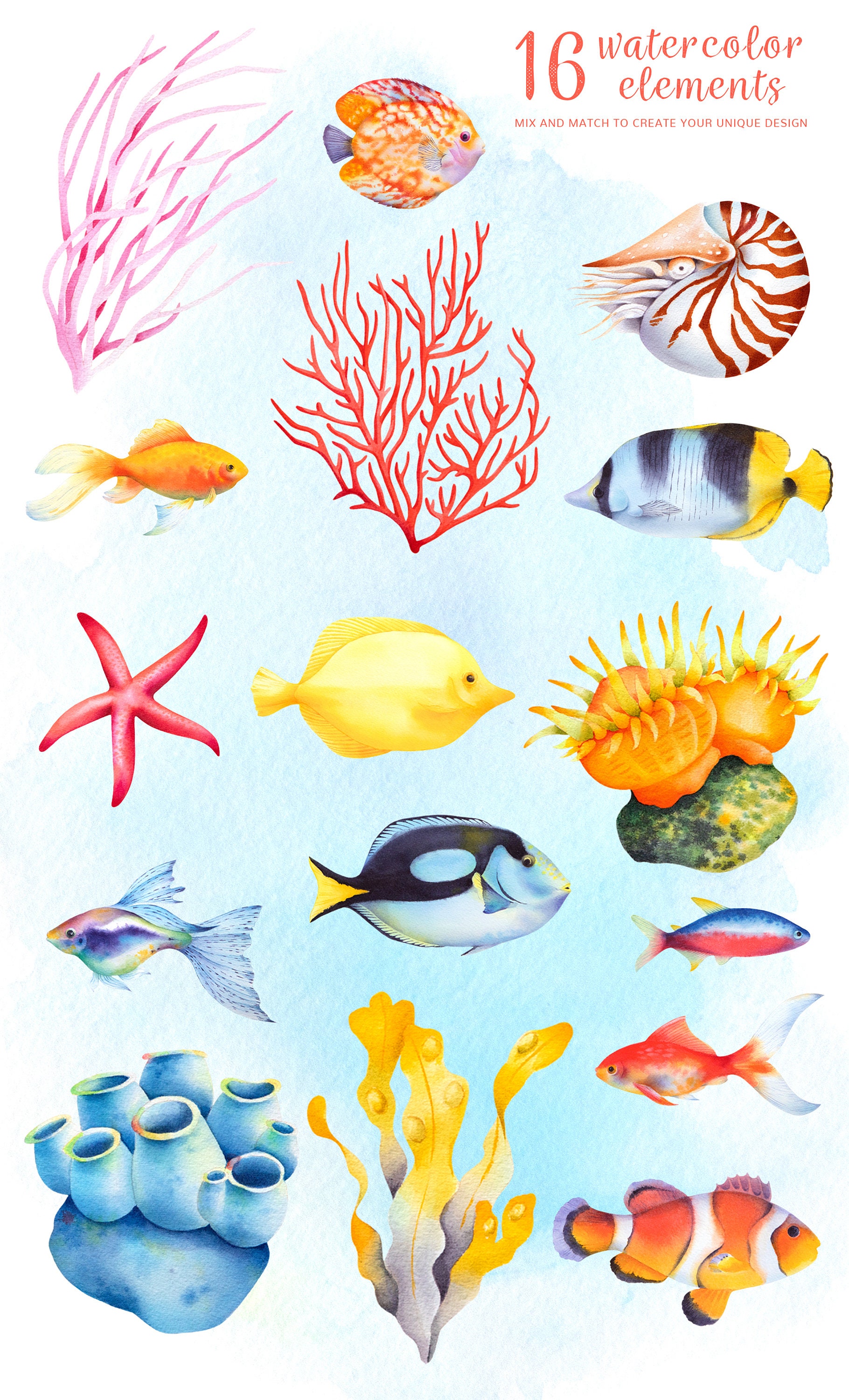 Watercolor Ocean Clipart. Coral Reef Clipart. Tropical Fish Png. Under ...