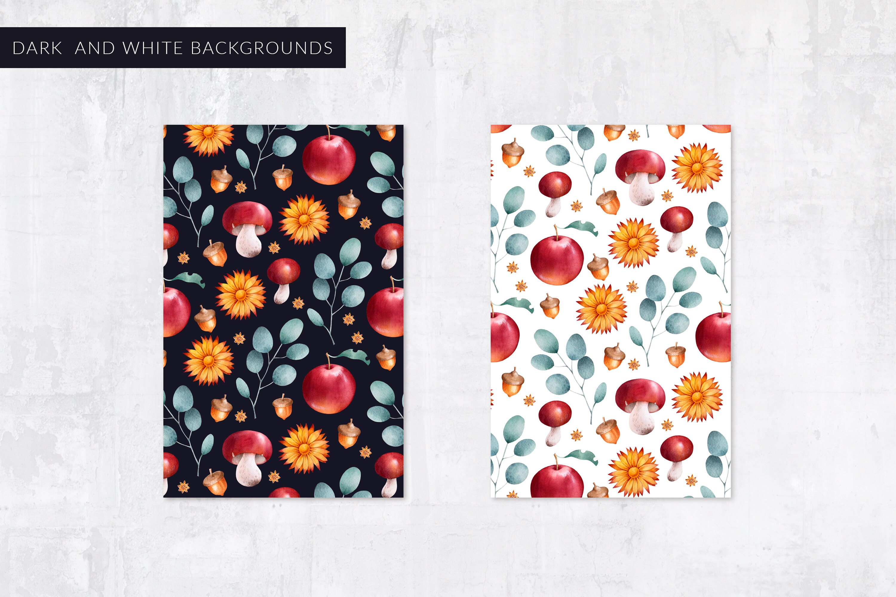 Autumn digital paper. Watercolor apples mushrooms and flowers | Etsy