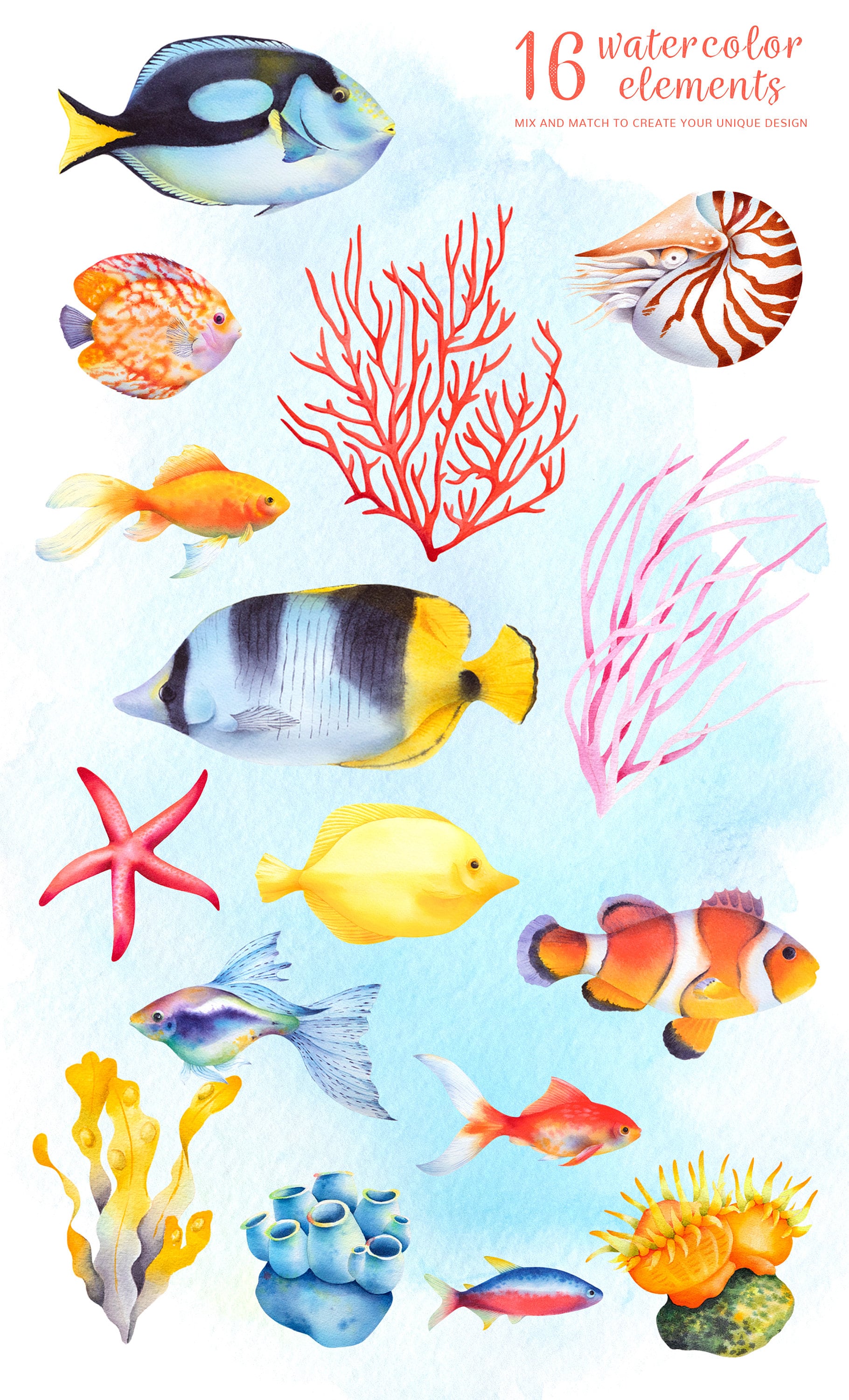 Watercolor Tropical Fish Clipart. Coral Reef Clipart. Ocean - Etsy