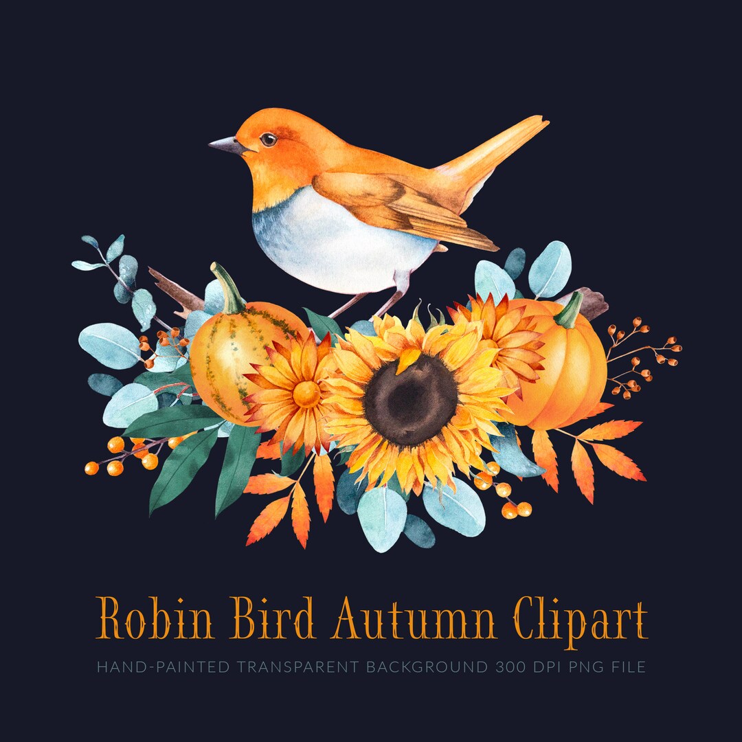 Autumn Watercolor Clipart Fall Wreath With Pumpkins and Bird Digital ...