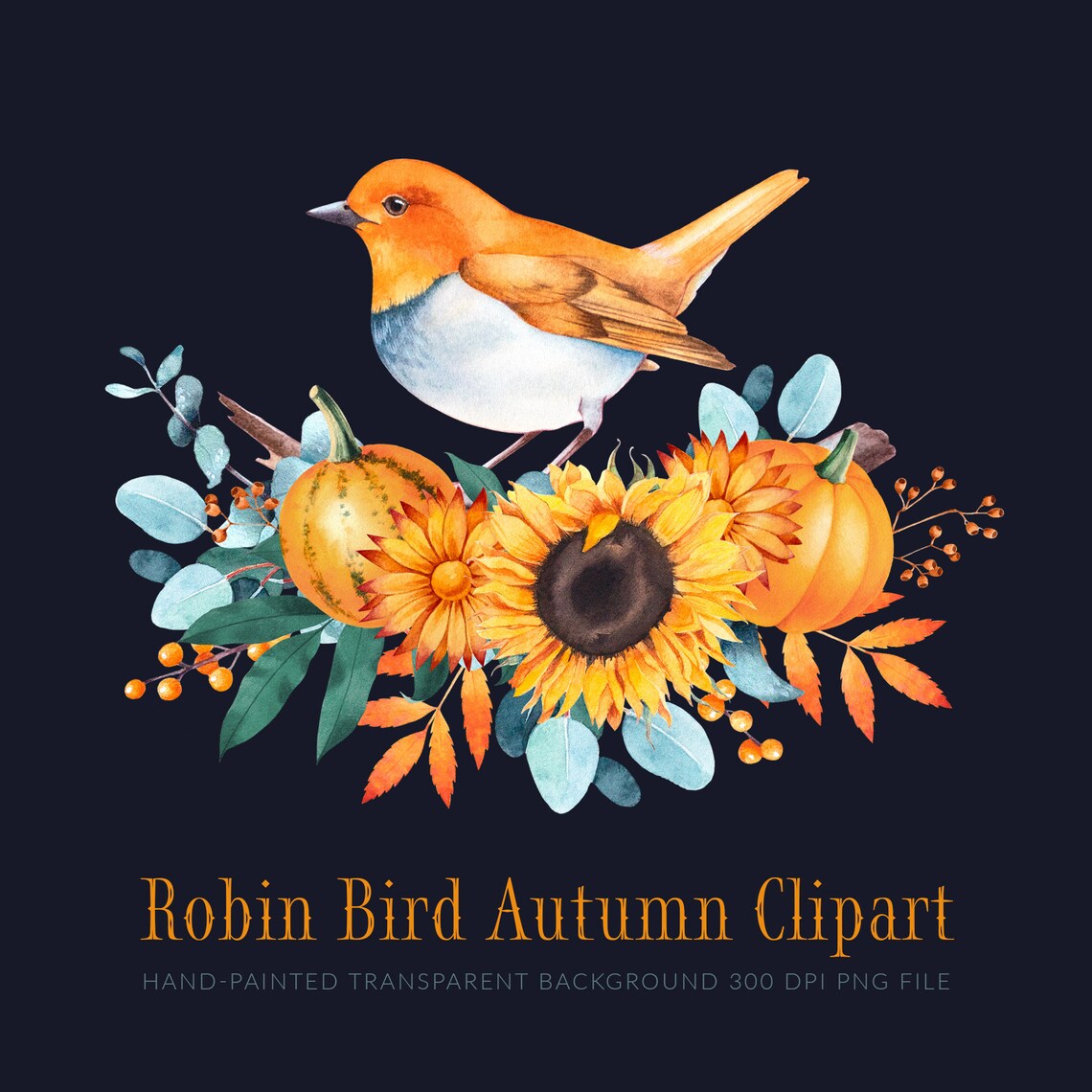 Autumn Watercolor Clipart Fall Wreath With Pumpkins and Bird Digital ...