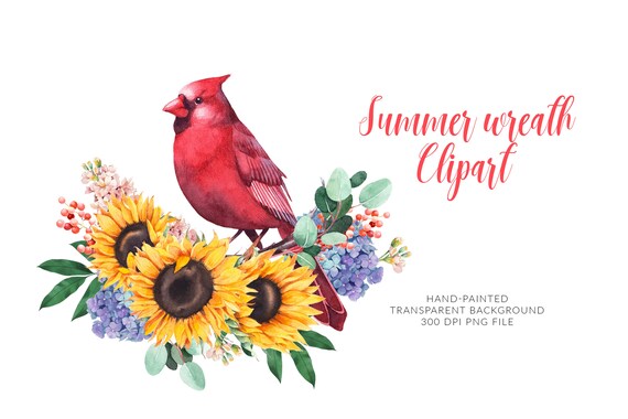 Summer Wreath With Sunflowers and Red Cardinal Bird Clipart. - Etsy