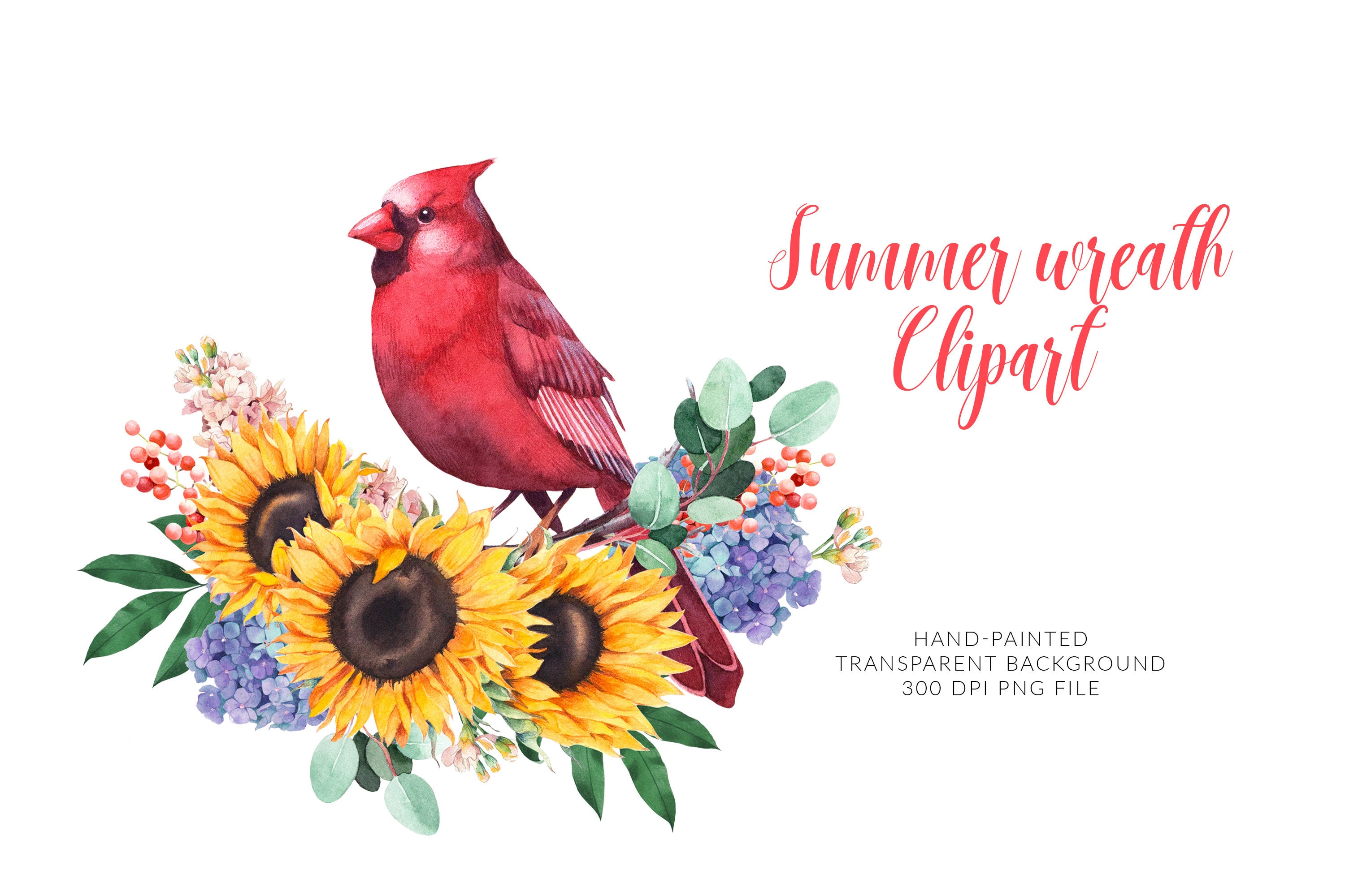 Summer Wreath With Sunflowers and Red Cardinal Bird Clipart. - Etsy