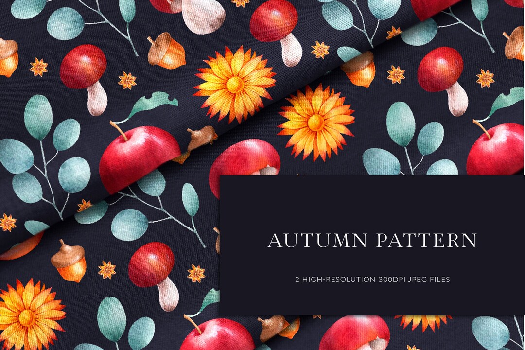 Autumn Digital Paper. Watercolor Apples Mushrooms and Flowers - Etsy
