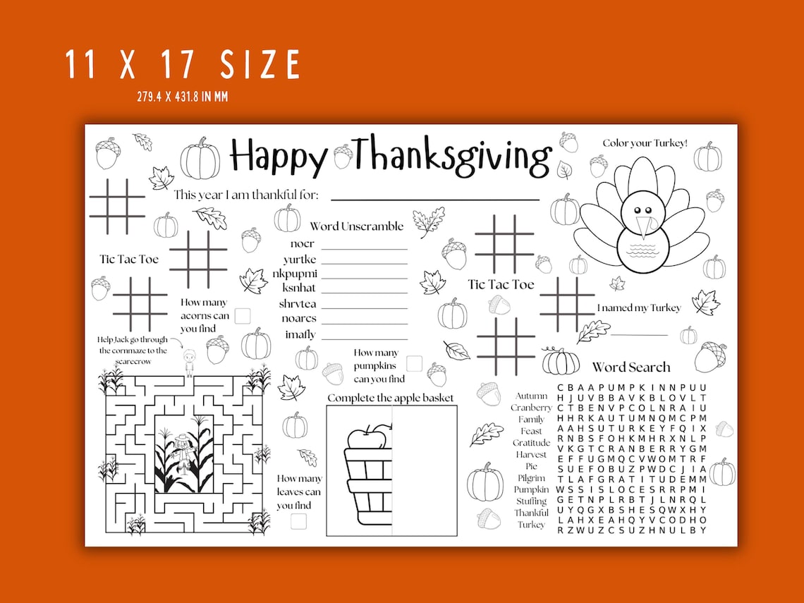 Fall Activity Placemat Printable Fall Coloring Placemats Fall ...