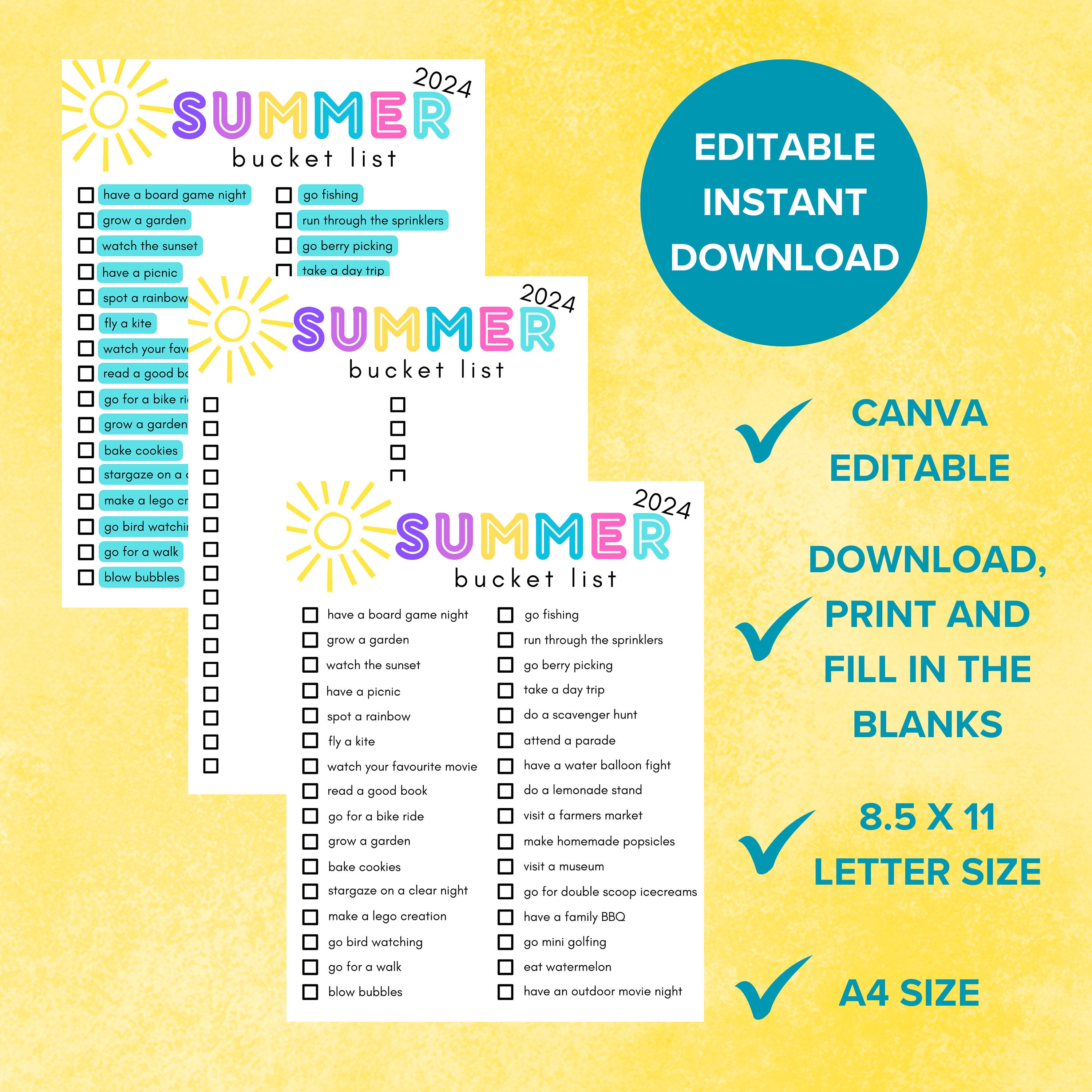 Editable Summer Kids Bucket List Printable Custom Summer Break Bucket ...