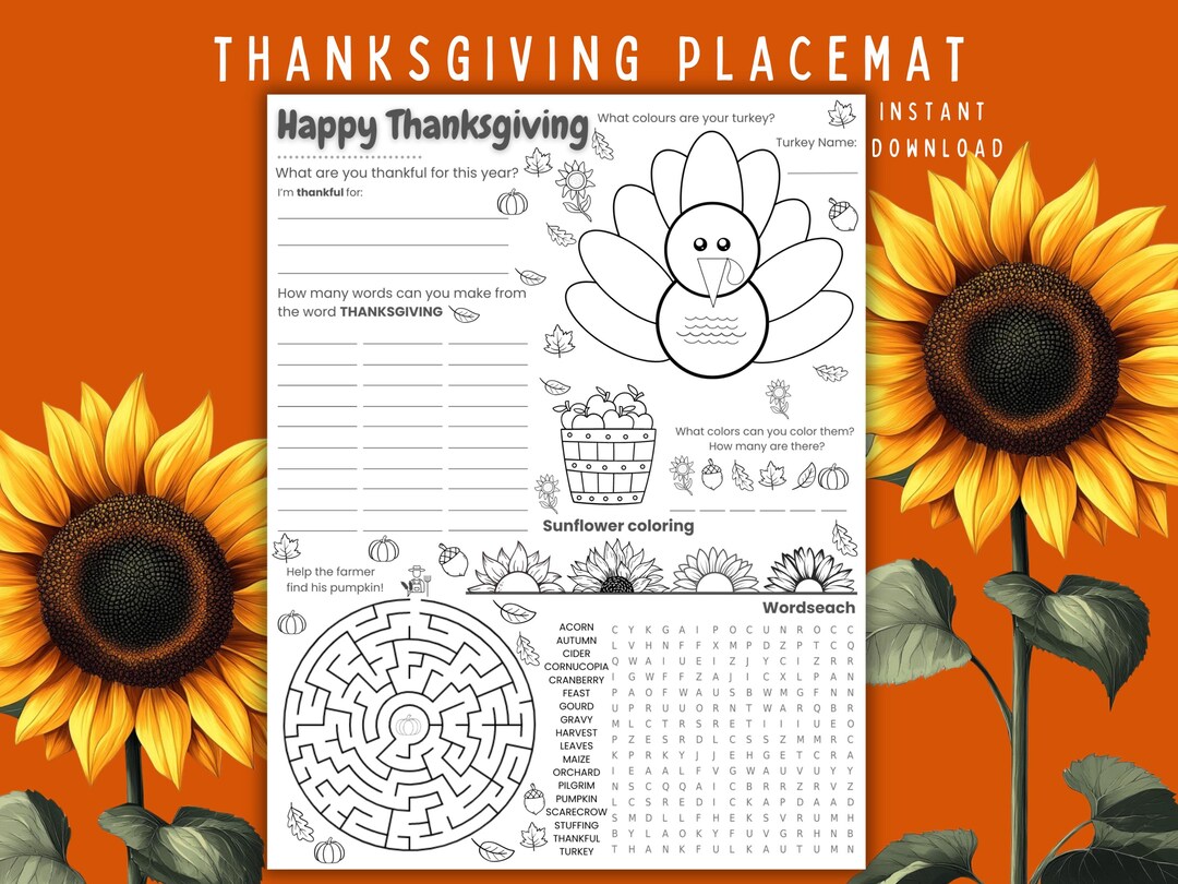 Thanksgiving Placemat Printable, Thanksgiving Activity Placemat, Kids ...