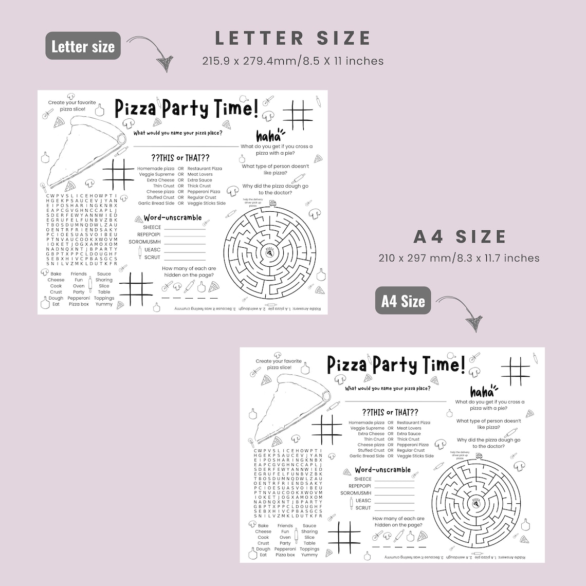 Kids Pizza Party Placemat Activity Restaurant Worksheet Coloring Sheet ...