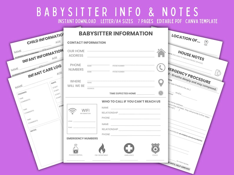 Printable Babysitter Information Sheet: Emergency Contact, Nanny Notes ...