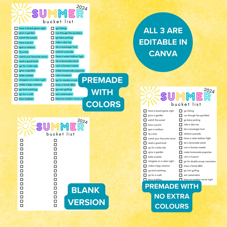 Editable Summer Kids Bucket List Printable Custom Summer Break Bucket ...