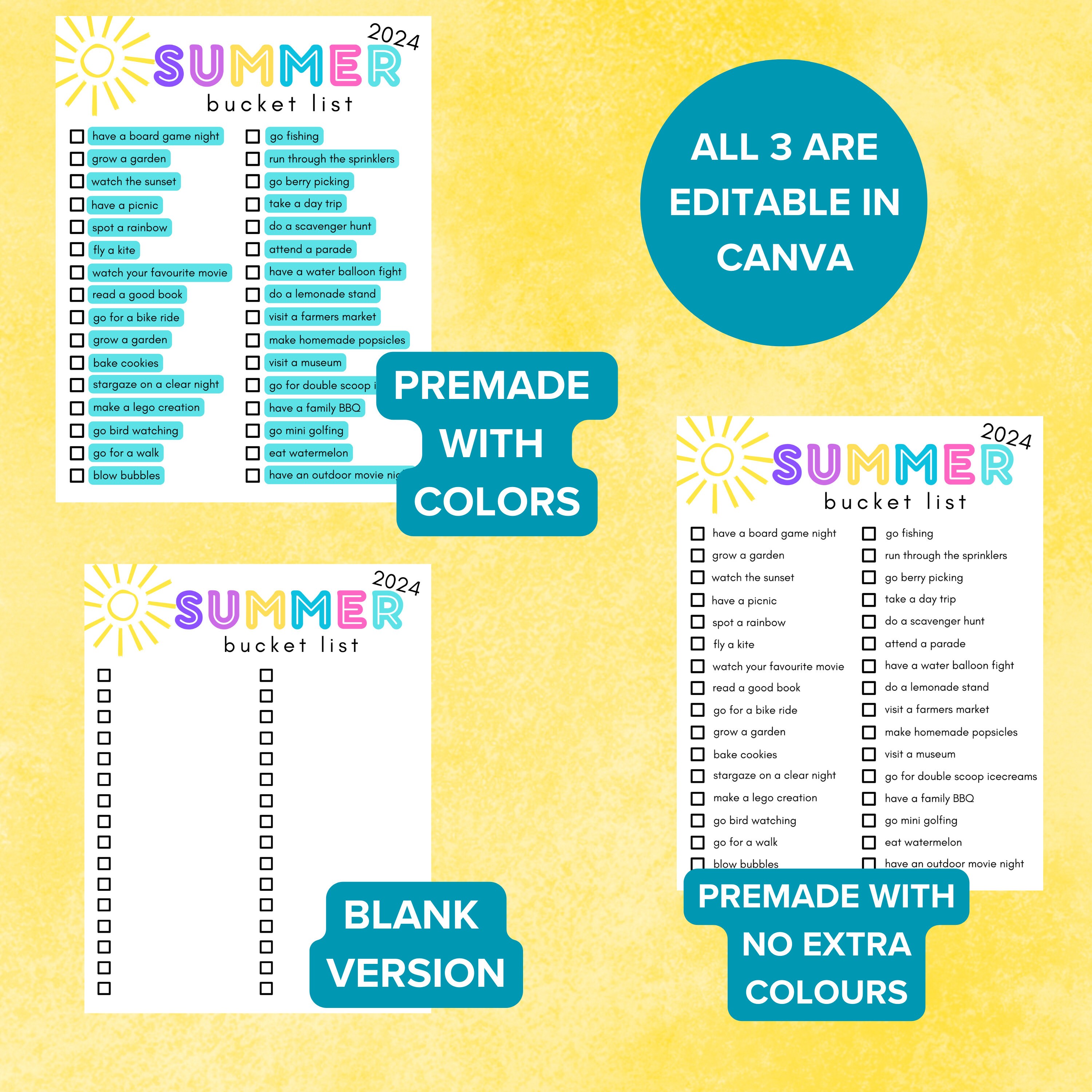 Editable Summer Kids Bucket List Printable Custom Summer Break Bucket ...