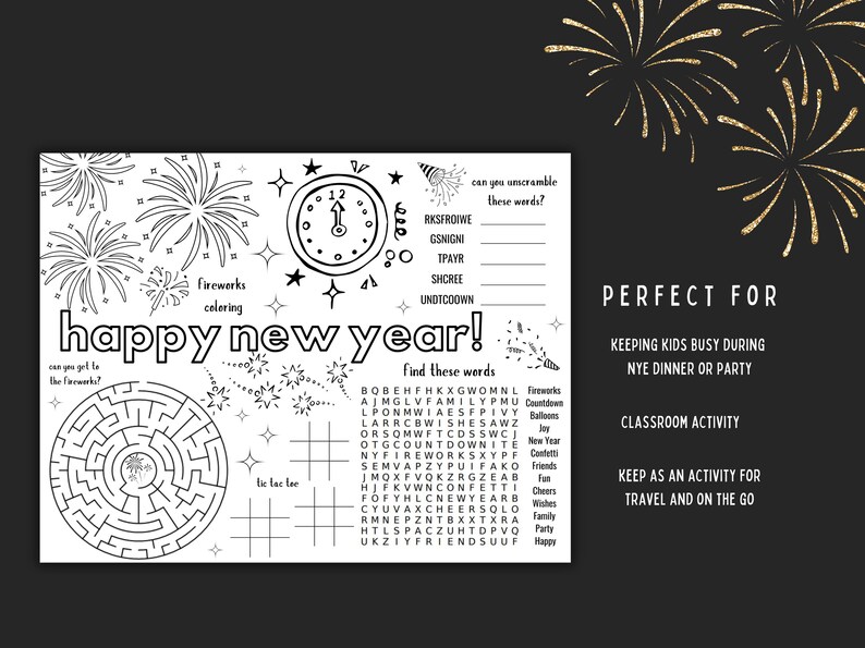 New Year's Eve: Printable Activity Placemat, Festive New Years Eve ...