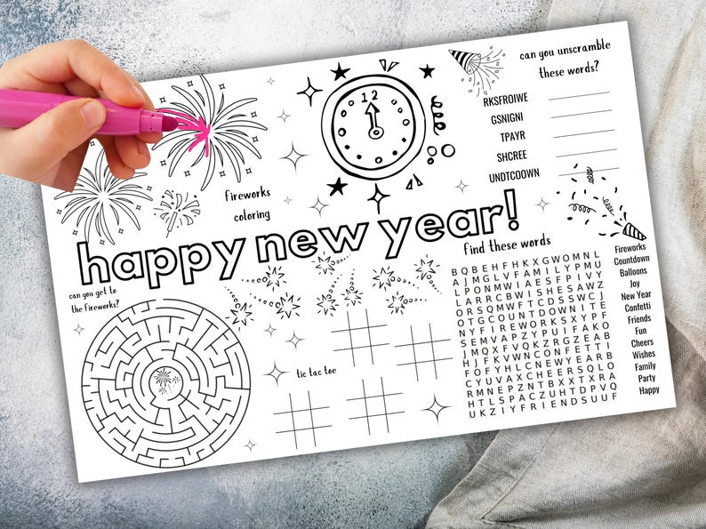New Year's Eve: Printable Activity Placemat, Festive New Years Eve ...
