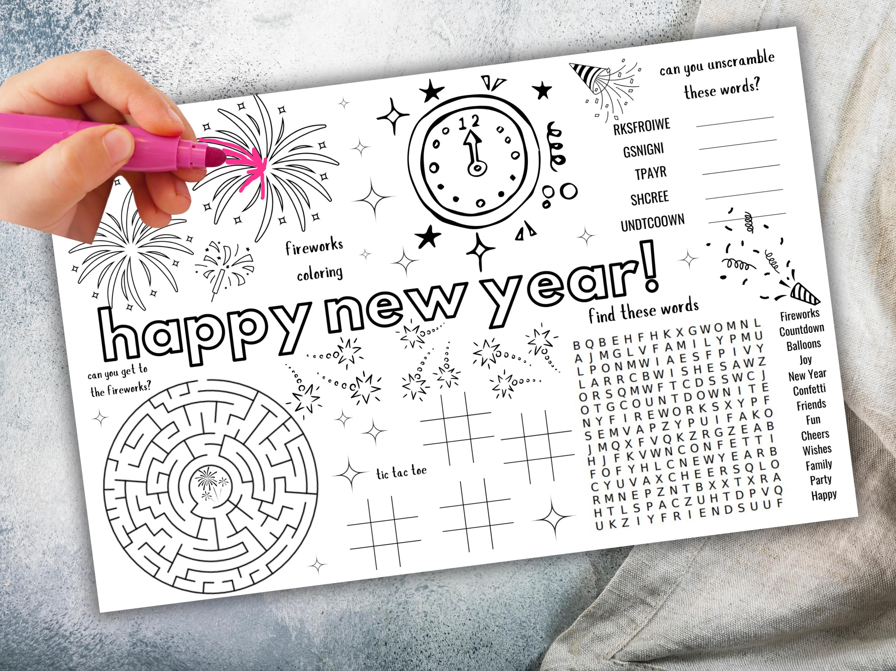 New Year's Eve: Printable Activity Placemat, Festive New Years Eve ...