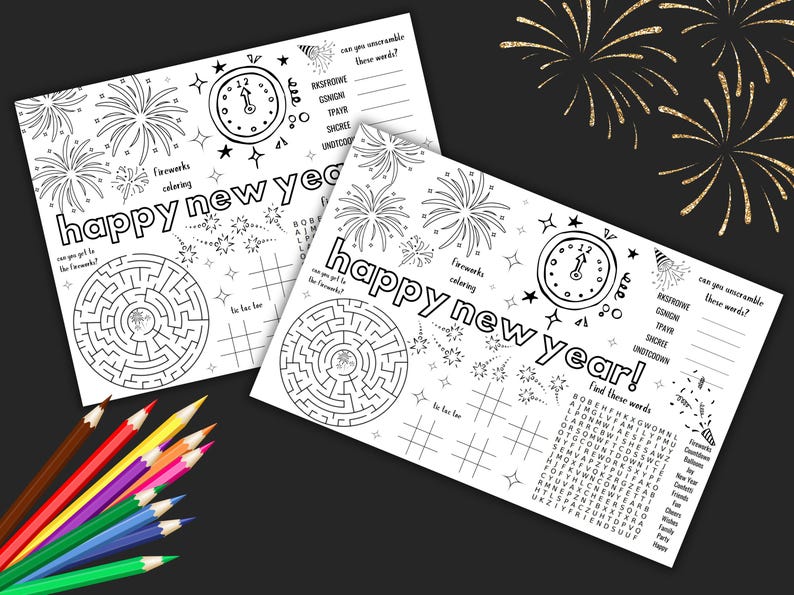 New Year's Eve: Printable Activity Placemat, Festive New Years Eve ...