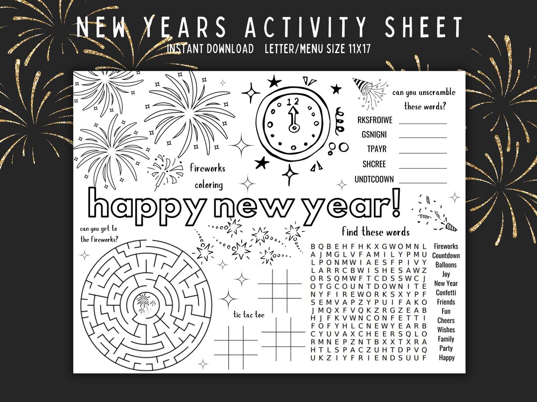 New Year's Eve: Printable Activity Placemat, Festive New Years Eve ...