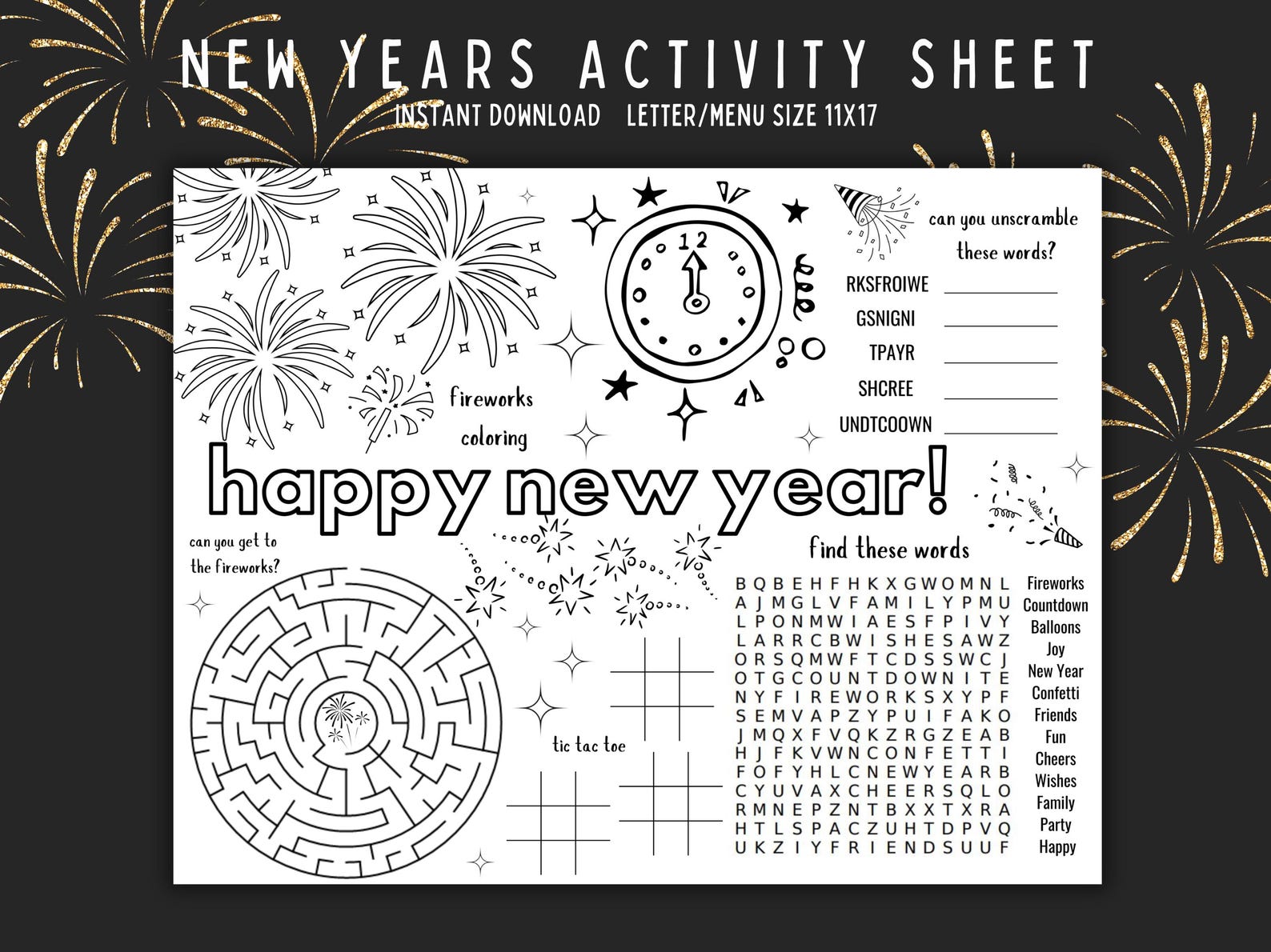 New Year's Eve: Printable Activity Placemat, Festive New Year’s Eve ...