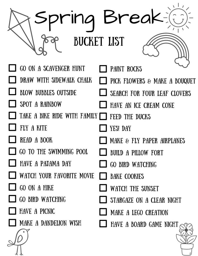 Spring Bucket List Printable Spring Break Checklist Spring Break Spring ...