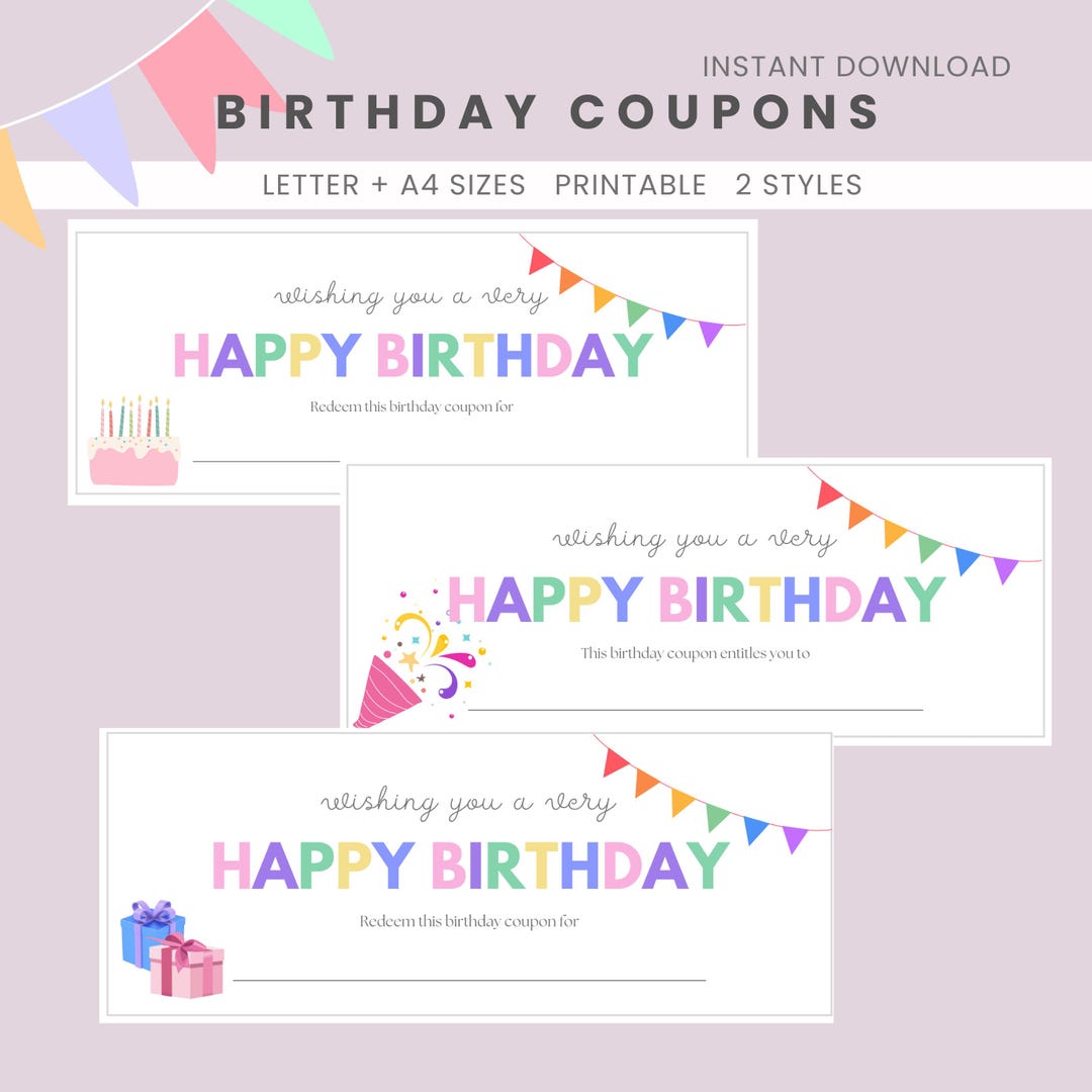 Birthday Gift, Printable Happy Birthday Coupons, Printable Coupon ...