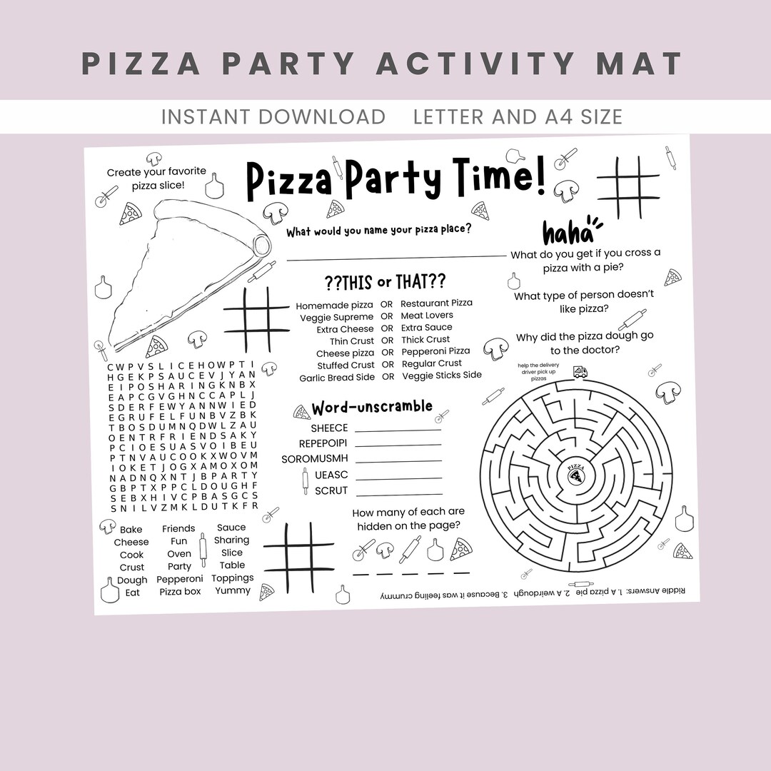 Kids Pizza Party Placemat Activity Restaurant Worksheet Coloring Sheet ...