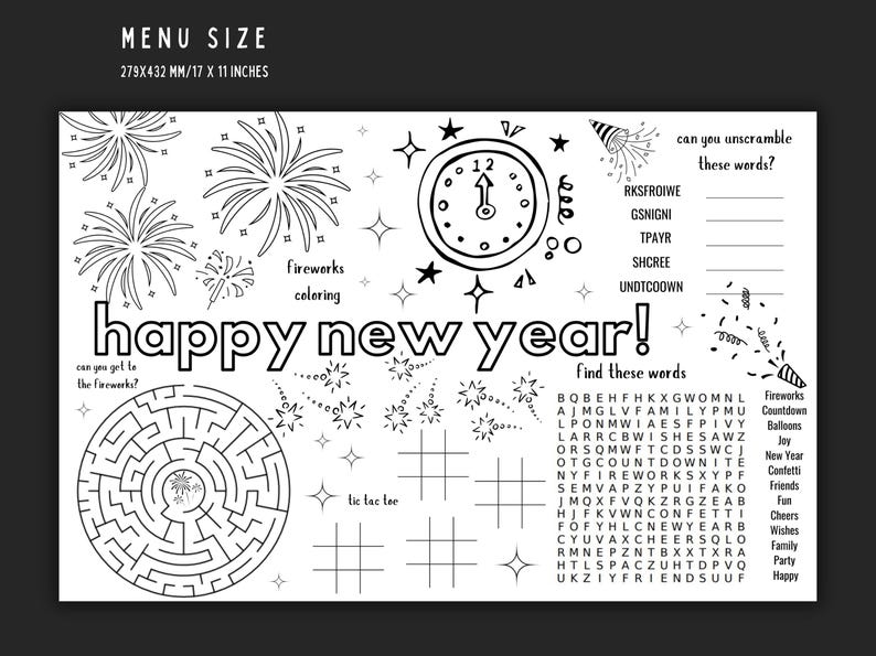 New Year's Eve: Printable Activity Placemat, Festive New Year’s Eve ...