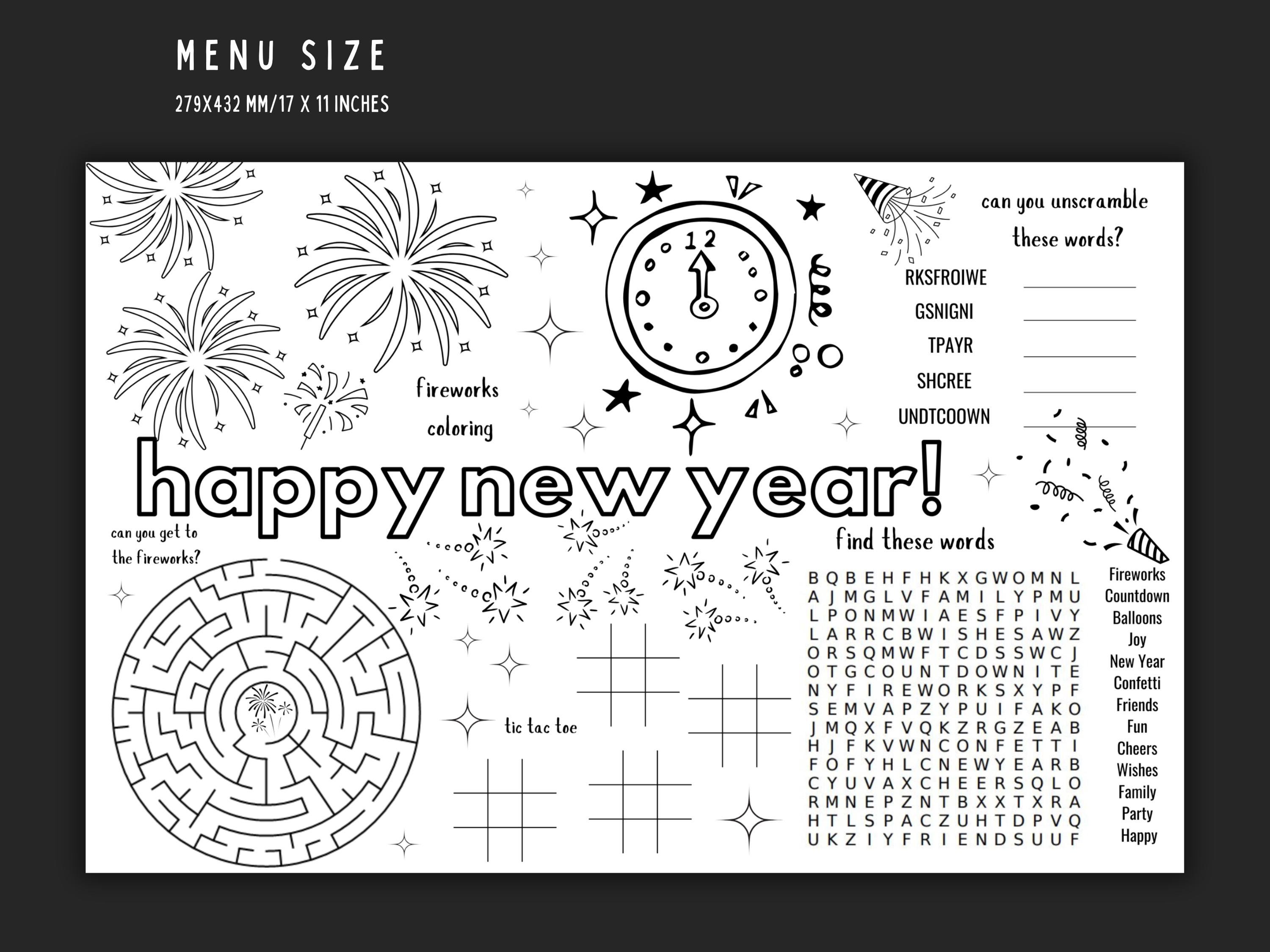 New Year's Eve: Printable Activity Placemat, Festive New Years Eve ...