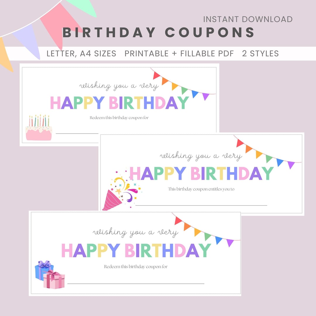 Birthday Gift, Printable Happy Birthday Coupons, Printable Coupon ...