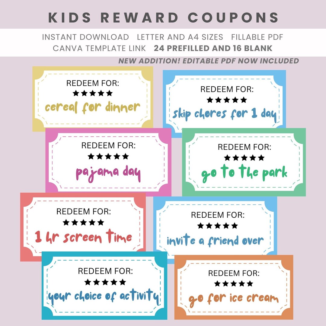 Printable Editable Kids Reward Coupon Book, Kids Reward Template ...