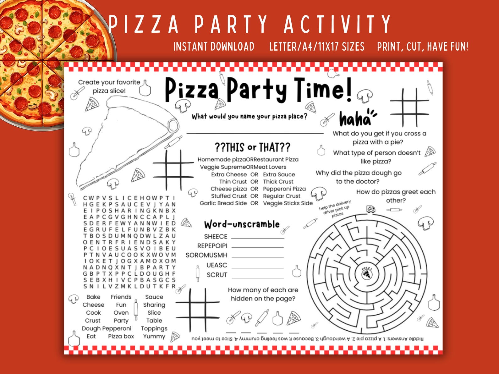 Pizza Party Activity Placemat: Printable Coloring Page (PDF Download ...
