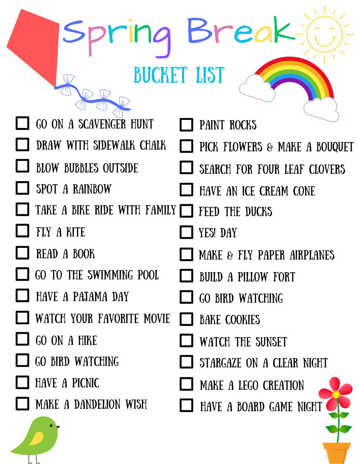 Spring Bucket List Printable Spring Break Checklist Spring Break Spring ...