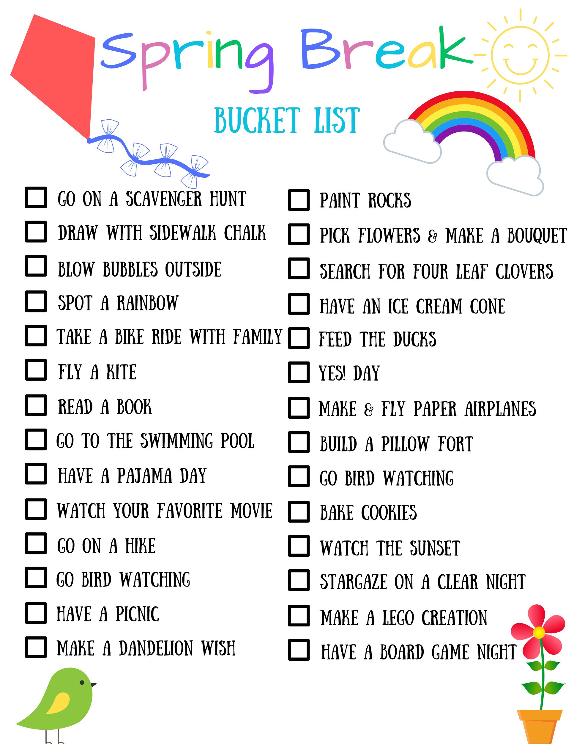 Spring Break Bucket List Spring Activities to Do List Instant Download ...