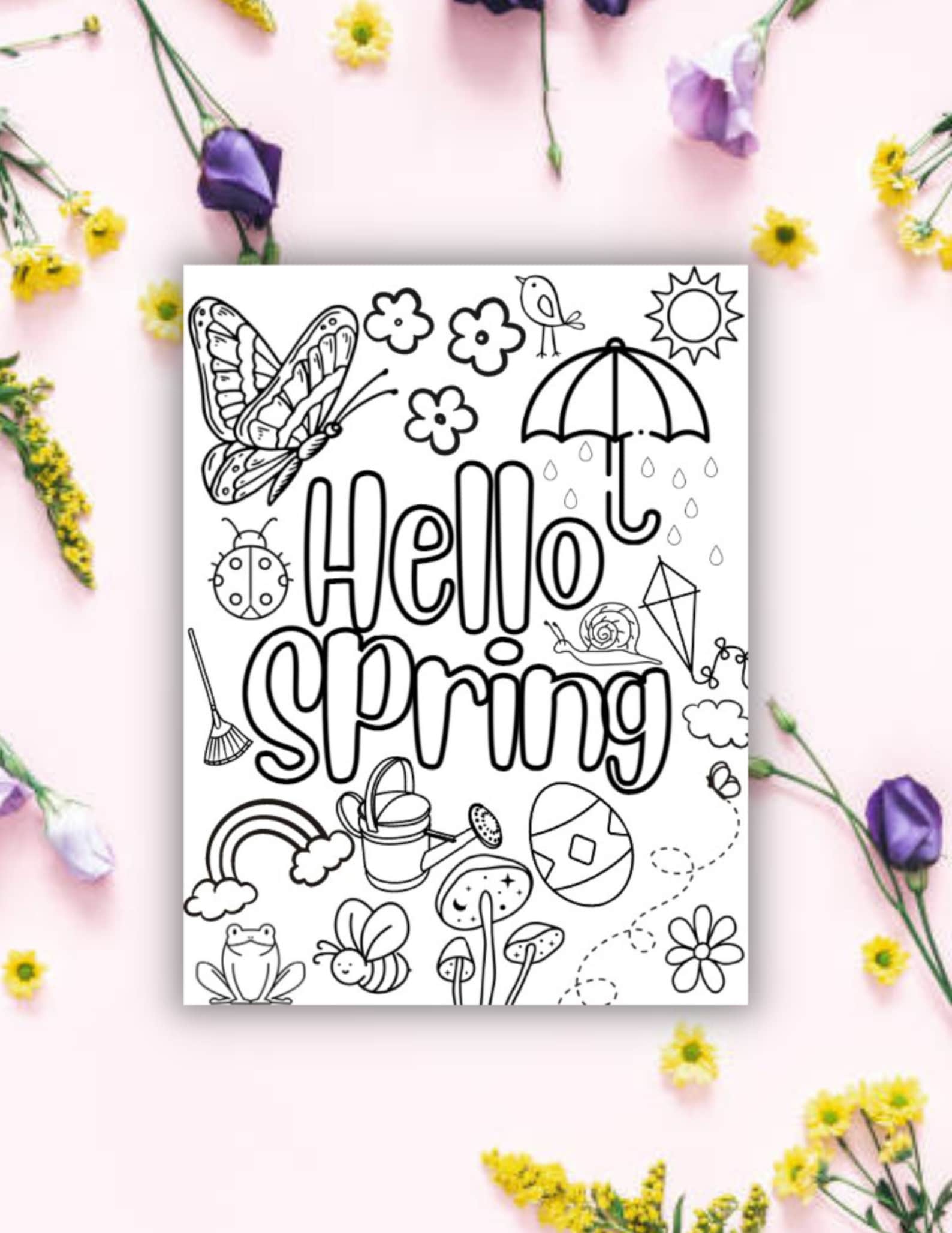 Hello Spring Coloring Page for Kids - Etsy