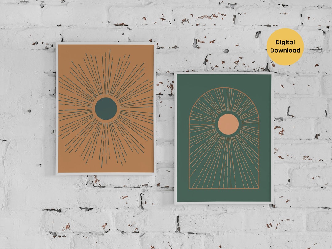 Boho Sun Line Art Print Set // 2 Prints, Modern Living Room Art ...