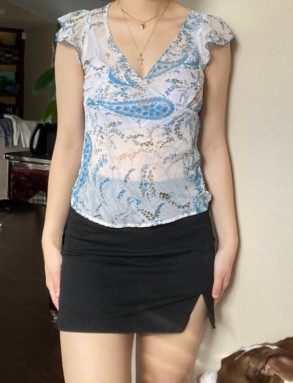 Vintage 1990s Blue Semi-Sheer Paisley Print Top by Fu… - Gem