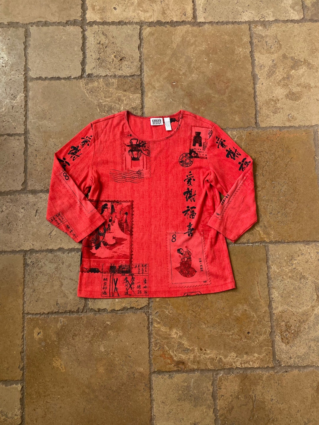 Y2K Red & Black Graphic Print 3/4 Sleeve Top by Chico’s Designs - Etsy