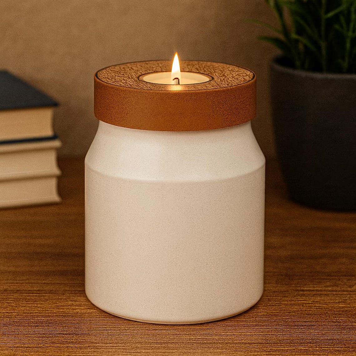 Stoneware Candle Urn | Modern Memorial Urn With Leather Lid - Etsy