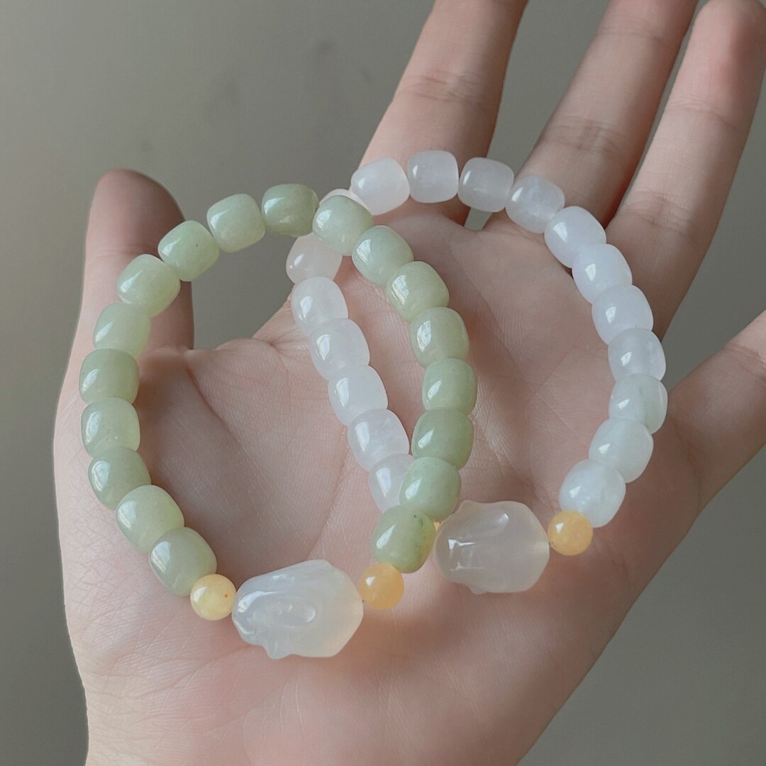 Dainty Jade Bucket Beads Bracelet With Rabbit Charm for Women - Etsy