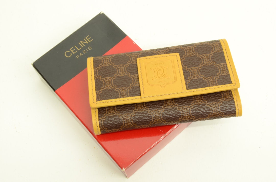 Authentic Celine Monogram Leather Key Ring Wallet Logo Brown GP Vintage ...