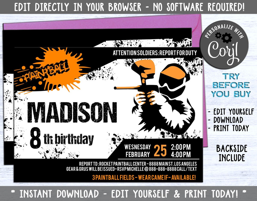 Editable Paintball Invitation Paintball Birthday Party - Etsy