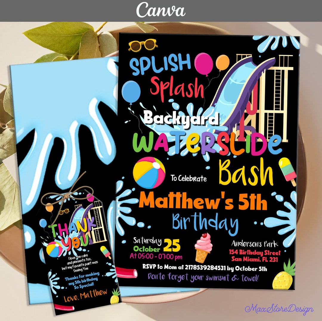 Waterslide Birthday Invitation, Boy or Girl, Splash Party Invite, Water ...