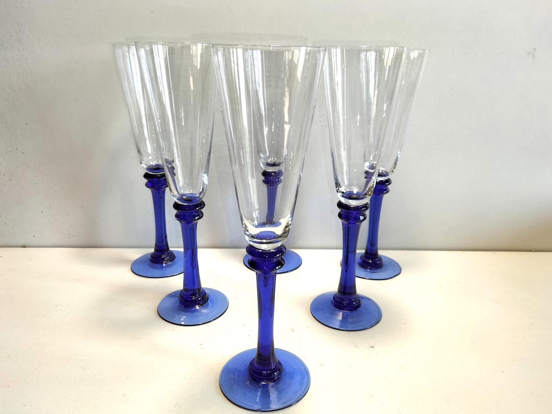 Champagne Flutes, Bellows Glass / Fluted Feet / Cobalt Blue - Etsy