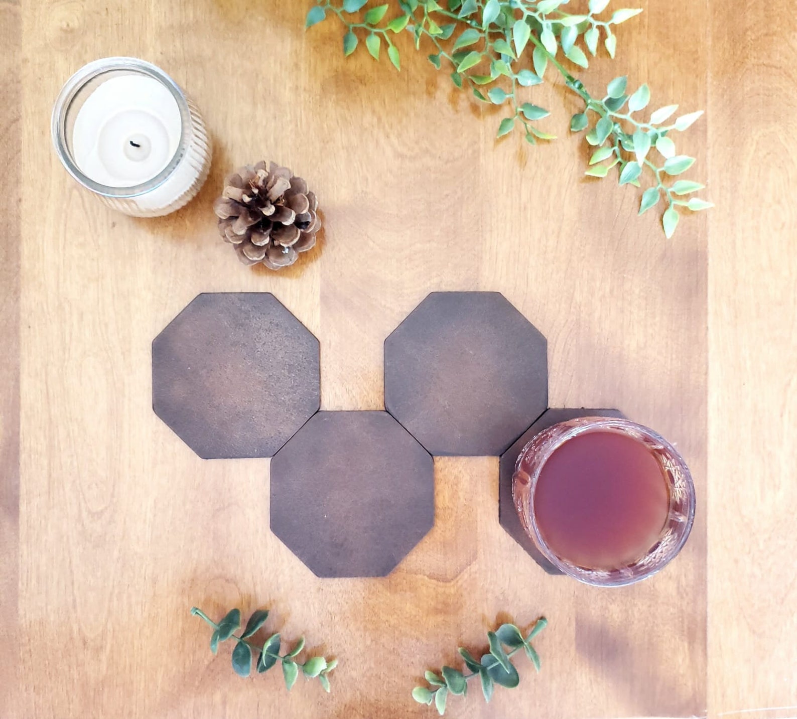 Octagon Coasters, 4pc Leather Coaster Set, 9-10 Oz Full Grain Leather ...