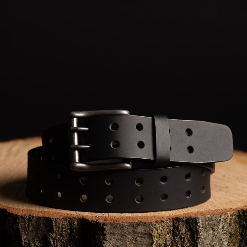 Black Double Hole Belt, Men's Leather Belt, Double Prong Full Grain ...