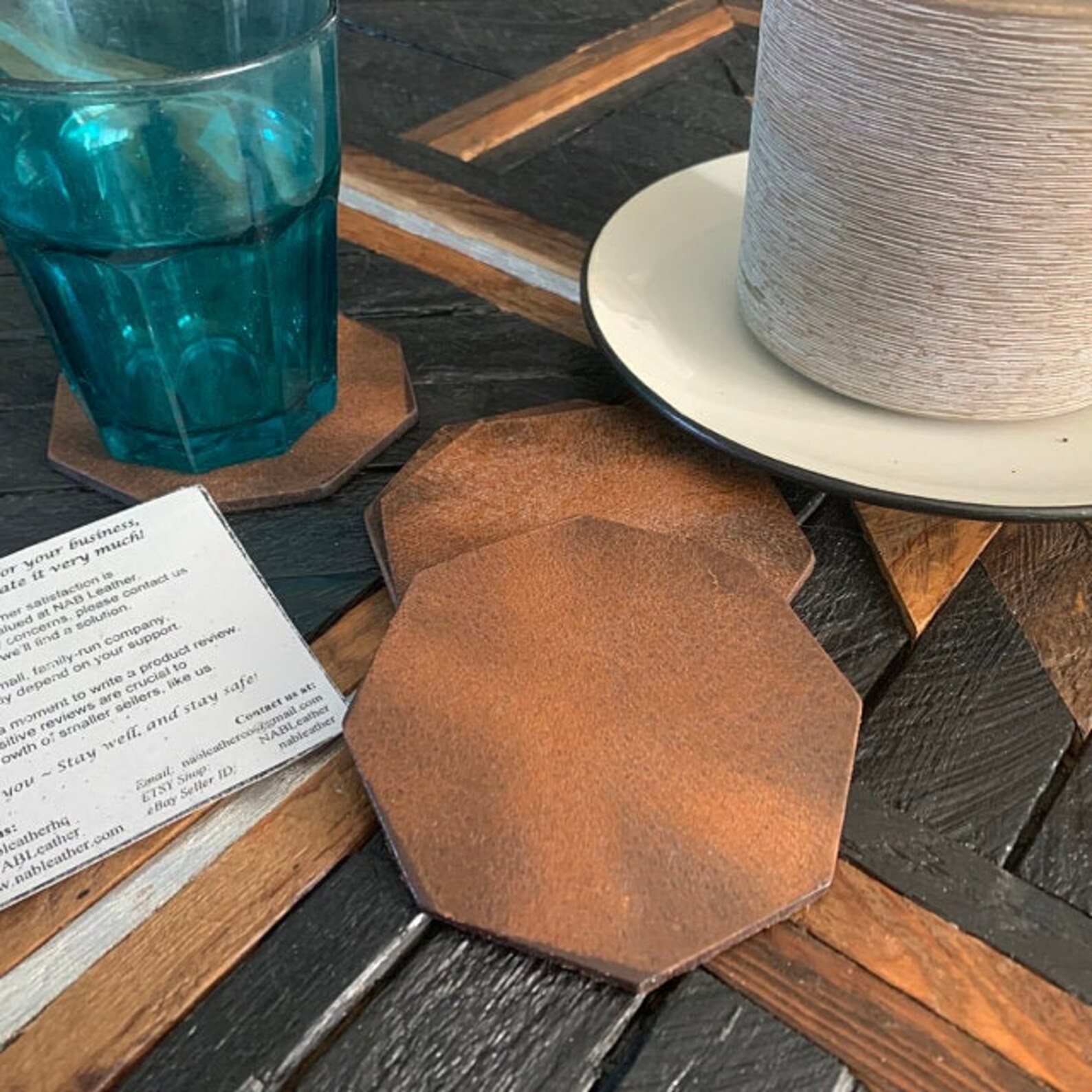 Octagon Coasters, 4pc Leather Coaster Set, 9-10 Oz Full Grain Leather ...